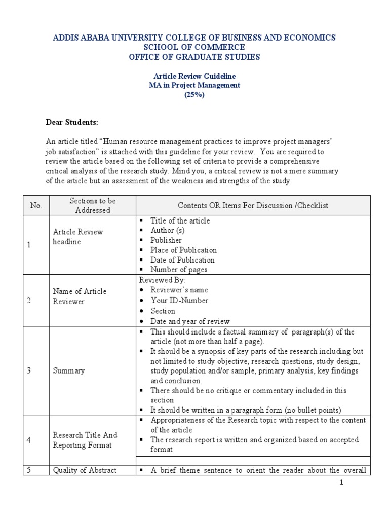 Article Review Guidelines for MA in Project Management | PDF ...