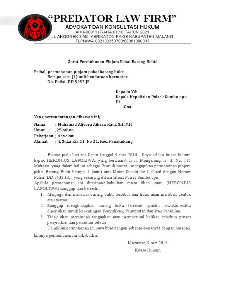 Contoh Surat Permohonan Pinjam Pakai Bar | PDF