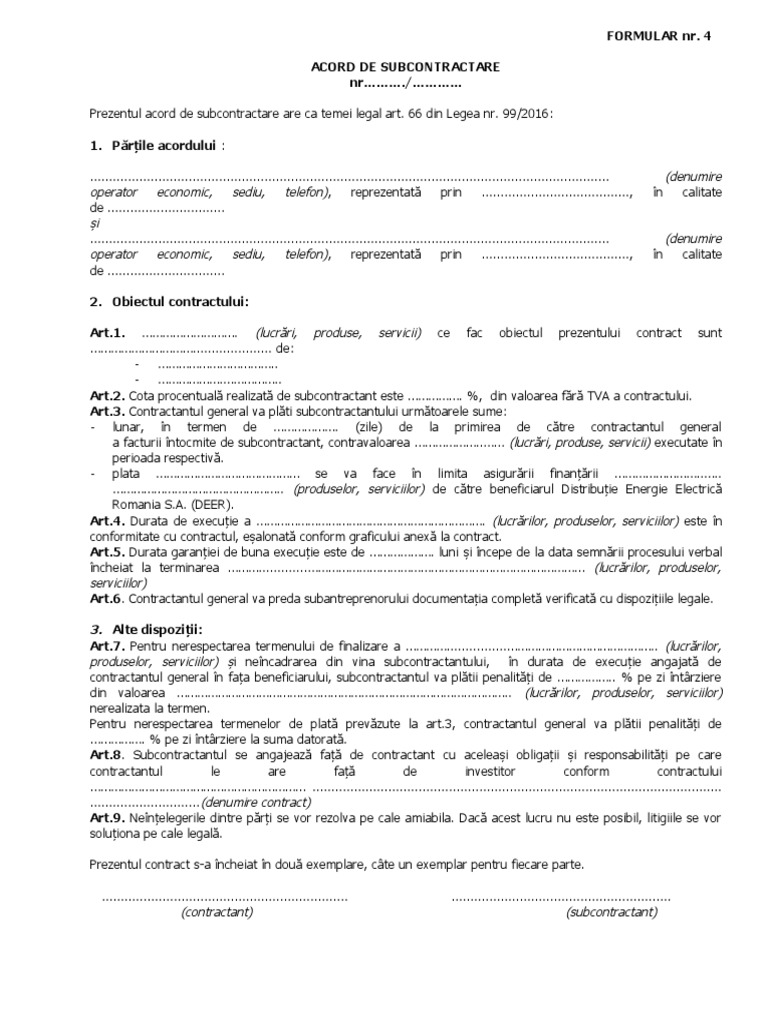 Formular Nr. 4 Model Acord de Subcontractare | PDF