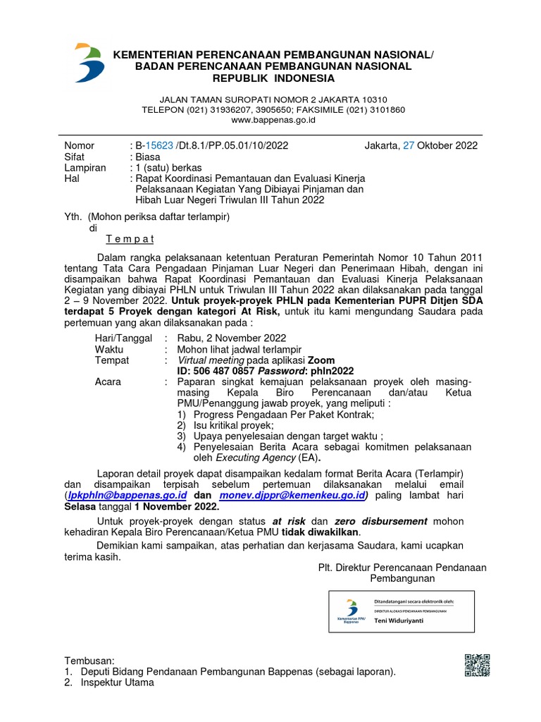 B-15623 Surat Undangan Rakor Monev 2 November 2022 - Sign | PDF