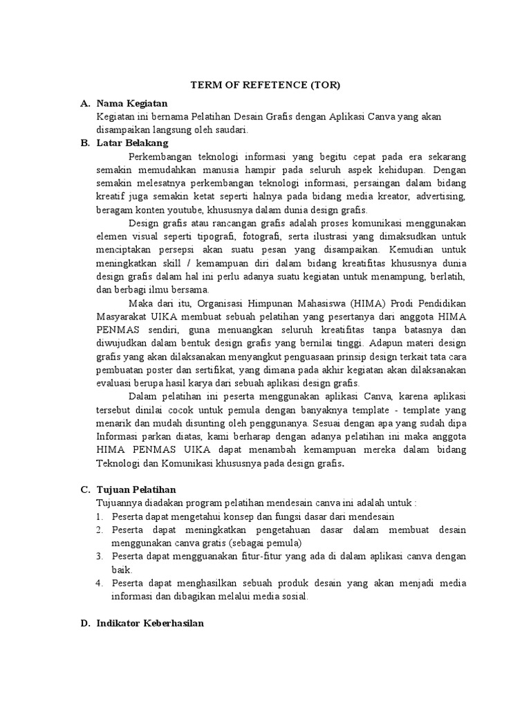 TOR - Pelatihan Desain Canva | PDF