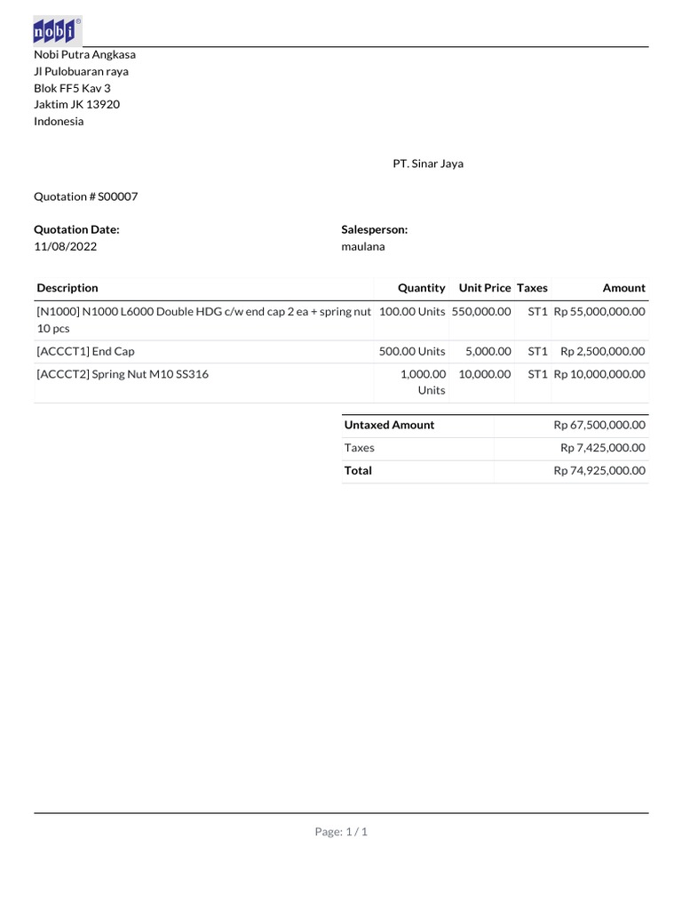 Quotation S00007 for PT. Sinar Jaya | PDF