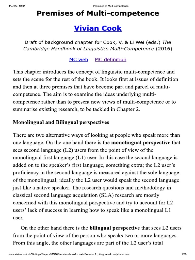Premises of Multicompetence | PDF | Second Language Acquisition | Second Language