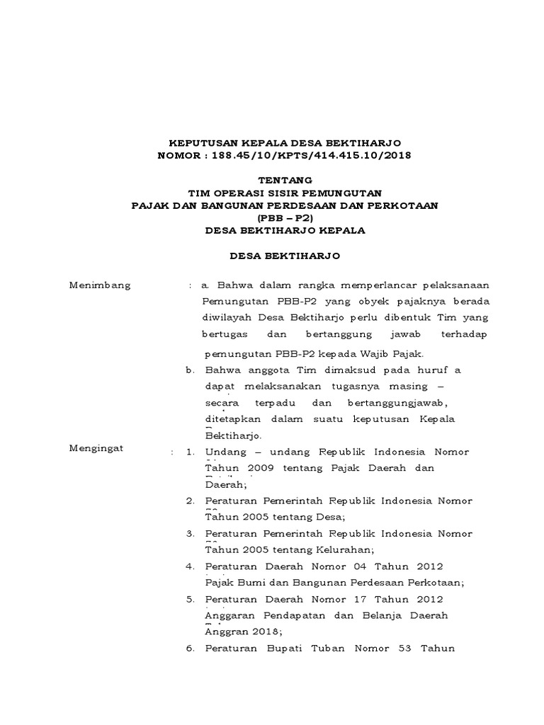 SK Tim Pajak PBB-P2 Desa Bektiharjo 2018 | PDF