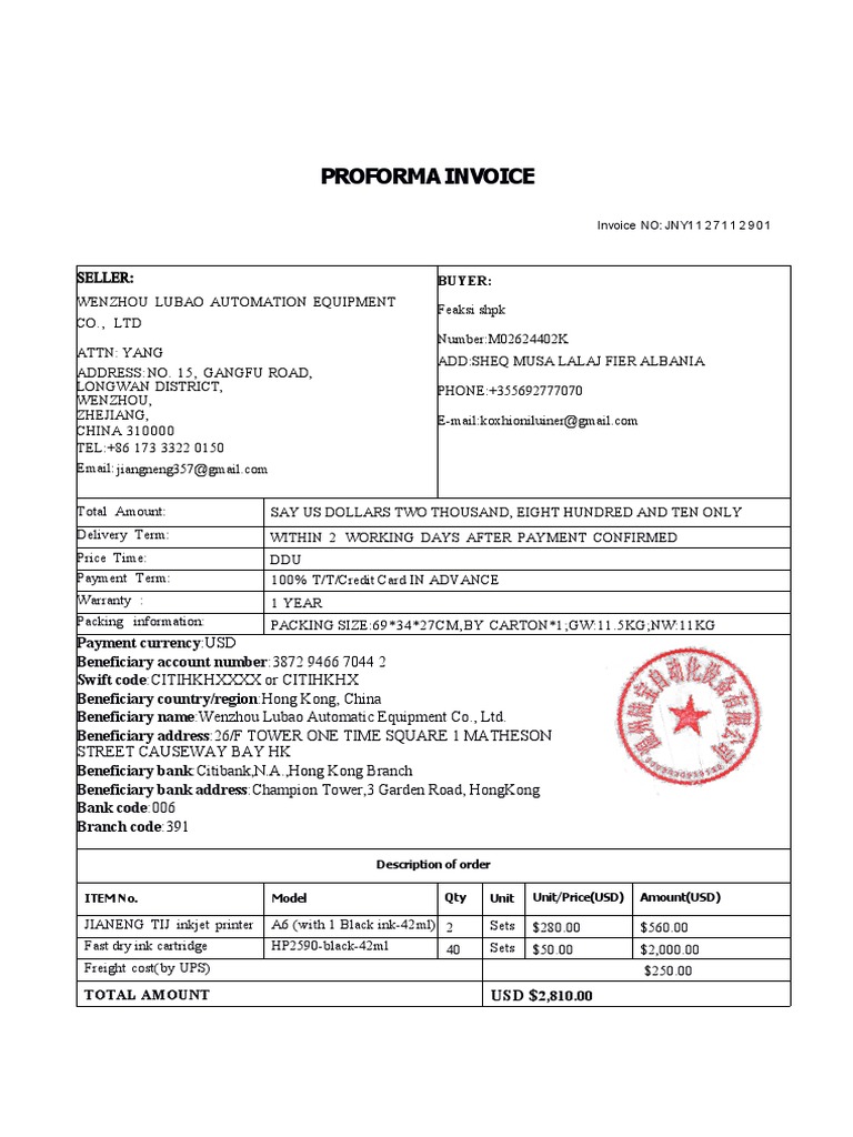 Proforma Invoice for the Sale of Inkjet Printers and Ink Cartridges ...