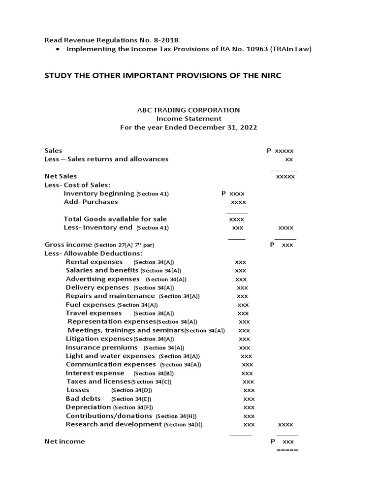Income Statement ABC TRADING CORPORATION. | PDF | Tax Deduction | Gross ...