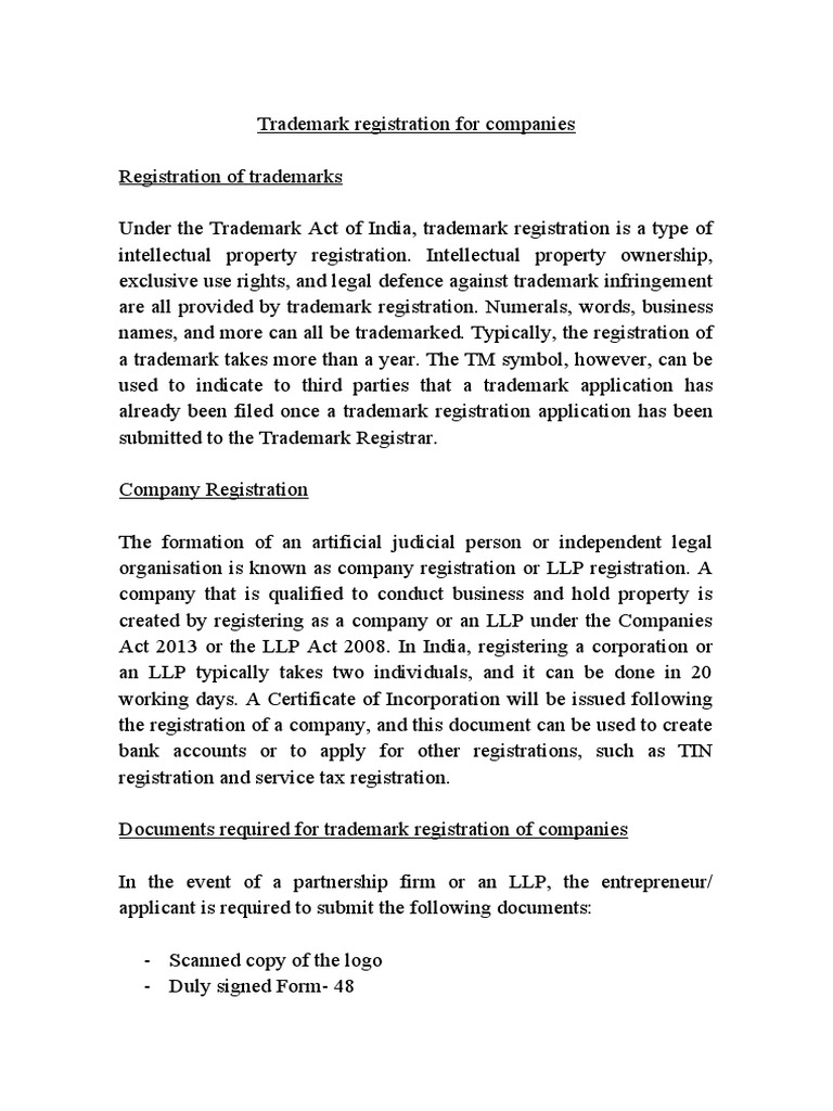 Trademark Registration For Companies | PDF | Trademark | Limited ...