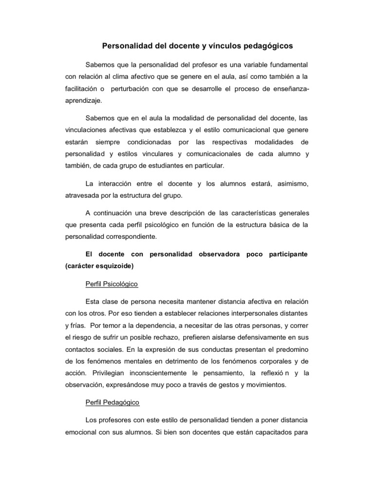 Personalidad Del Docente y Vínculos Pedagógicos | PDF | Fobia | Sicología