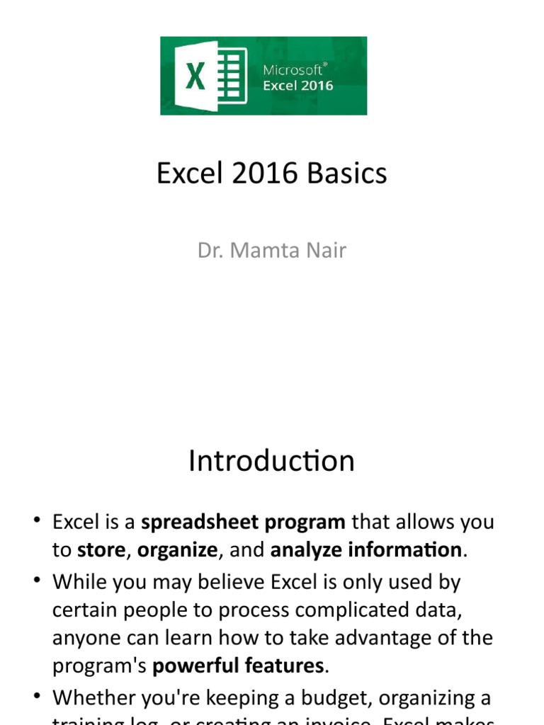 Excel 2016 Basics Lecture 1 Pdf Microsoft Excel Computer File