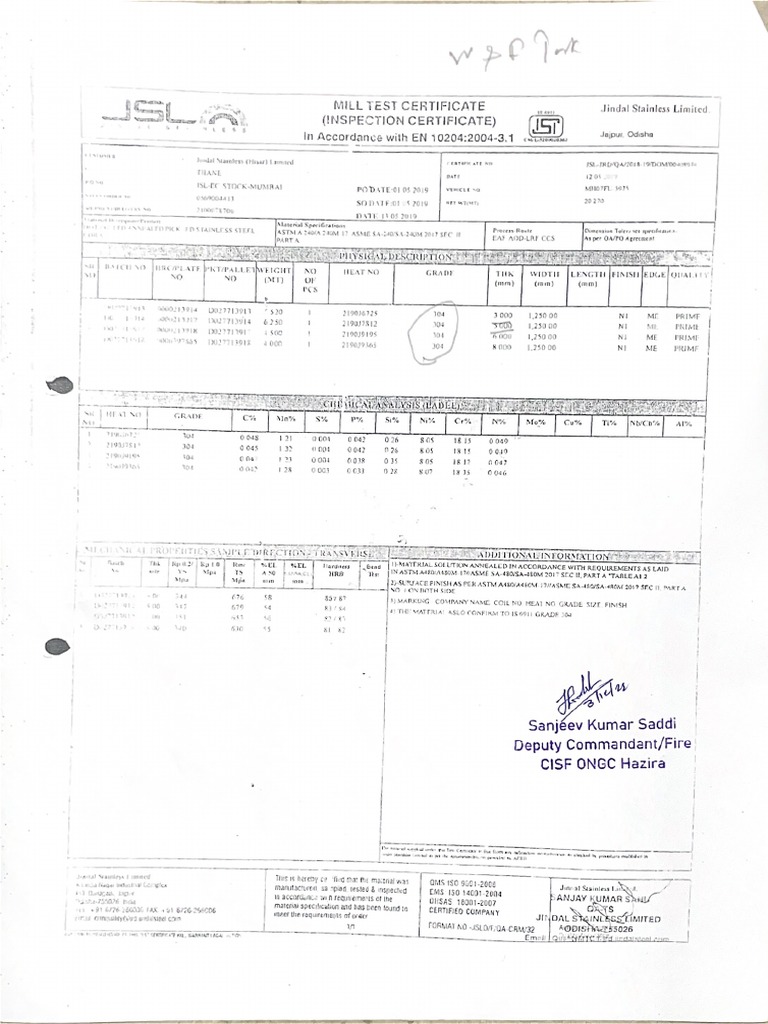 Material Test Certificate | PDF