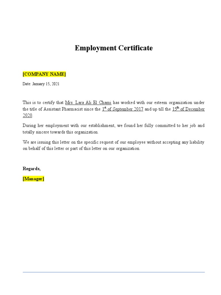 Employment Certificate Pharmacy | PDF
