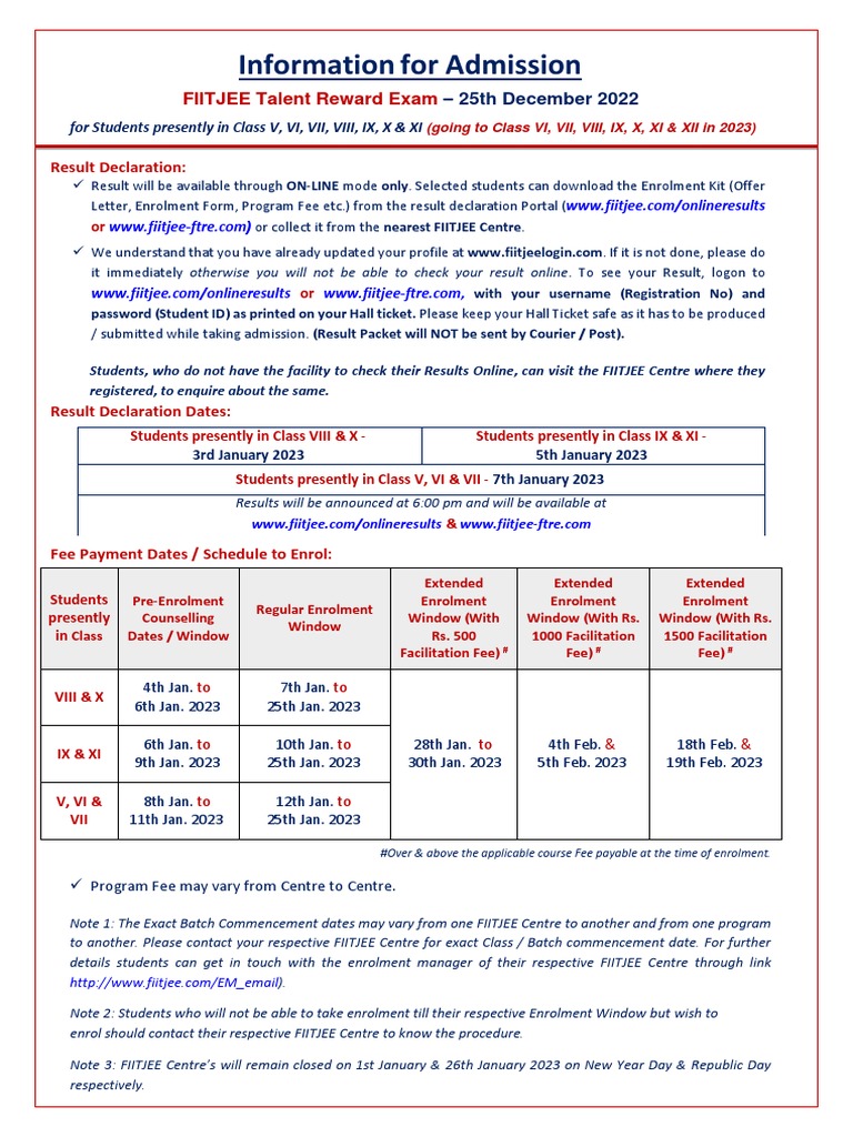FIITJEE Talent Exam 2022 Admission Info | PDF | Internet | Laptop