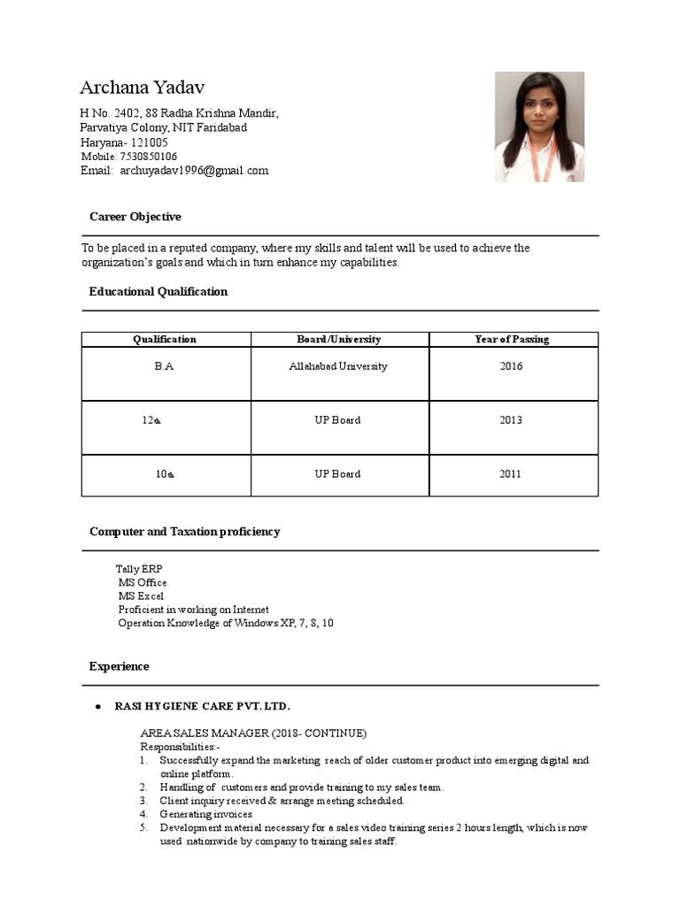 A Resume Showcasing Archana Yadav's Educational Qualifications, Work ...