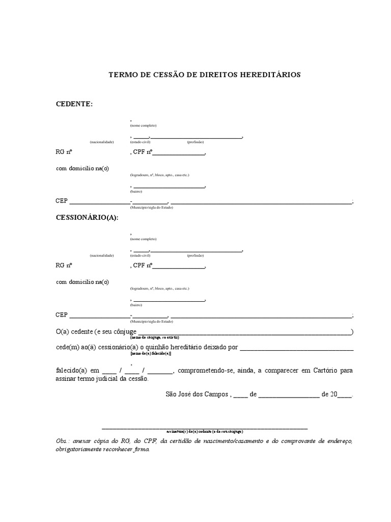 Termo De Cessão De Direitos Hereditários Para Alvará Pdf