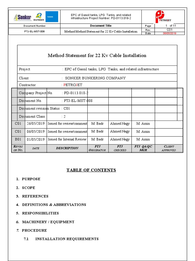 1 - Method Statement For 22Kv Cable Installation Rev c02 | PDF | Trench | Optical Fiber