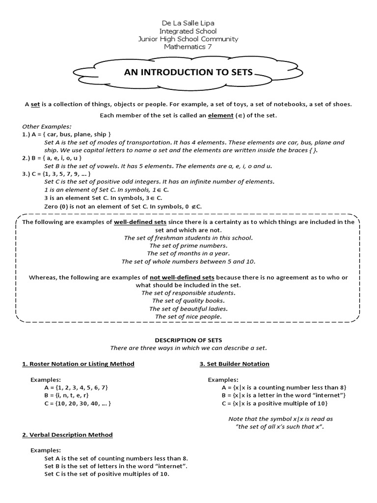1 Introduction To Sets (Handout) | PDF | Set (Mathematics) | Numbers