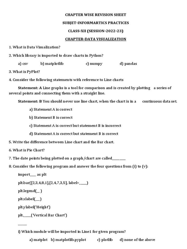 CHAPTER WISE REVISION SHEET ON DATA VISUALIZATION | PDF | Chart | Pie Chart