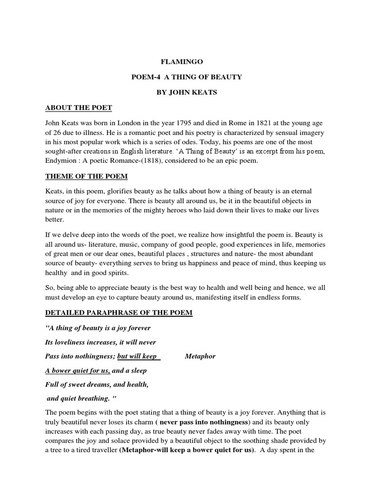 Flamingo, Poem-4 A Thing of Beauty | PDF | Poetry | Beauty
