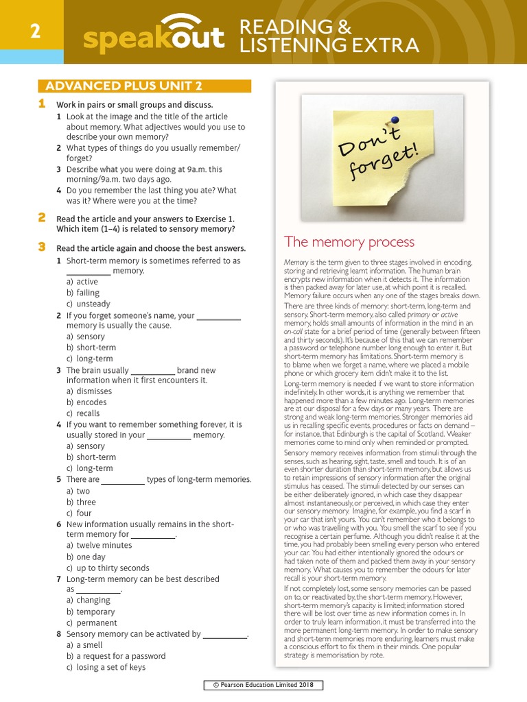 Speakout Reading and Listening Extra Advanced Plus Unit 2 | PDF | Memory | Senses