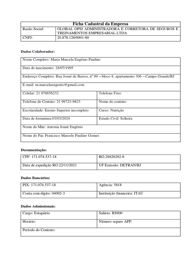 Ficha Cadastral Da Empresa Atualizada | PDF