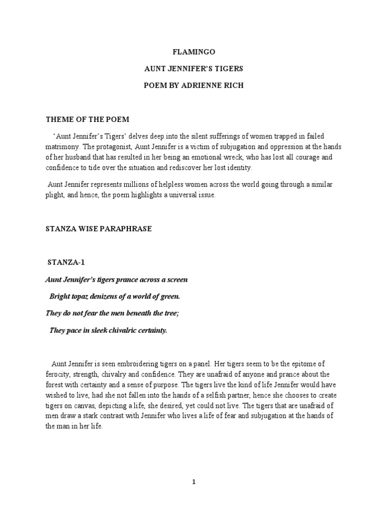 Flamingo, Poem-6 Aunt Jennifer's Tigers | PDF | Poetry