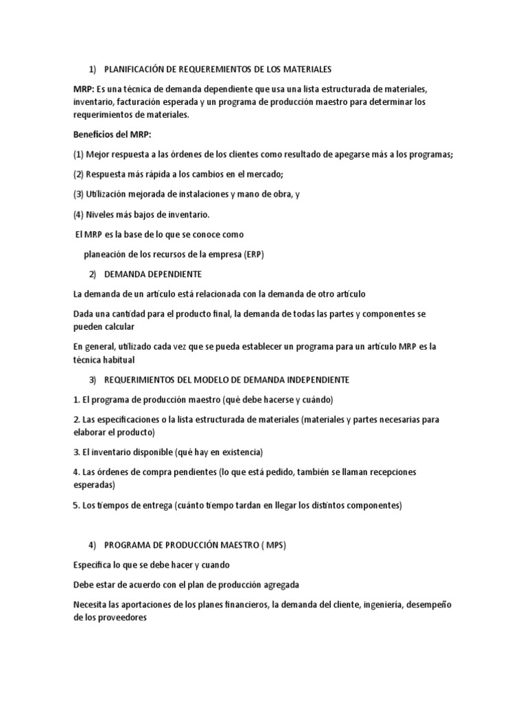 MRP Resumen | PDF | Planificación de recursos empresariales | Inventario