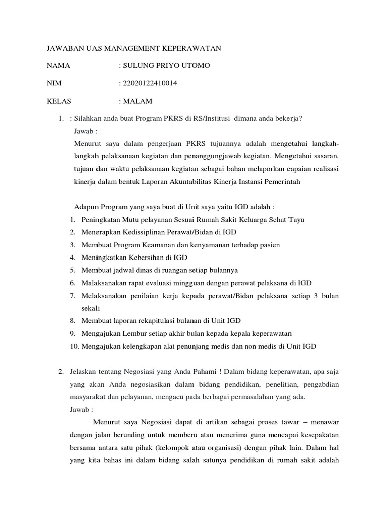 Jawaban Uas Management Keperawatan | PDF | Karier & Perkembangan