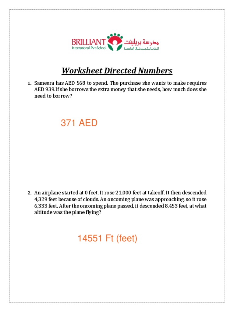 Directed Numbers Worksheet | Pdf | Overdraft | Earth Sciences
