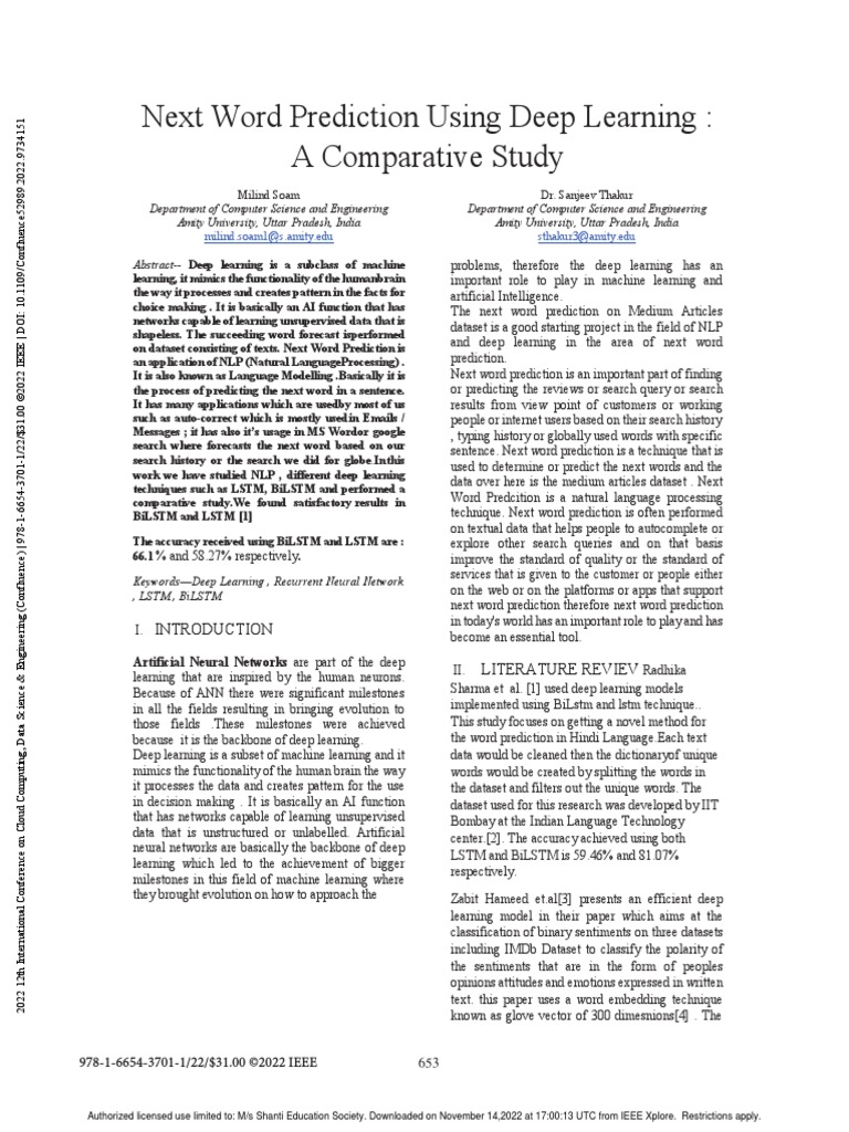 Next Word Prediction Using Deep Learning A Comparative Study | PDF ...