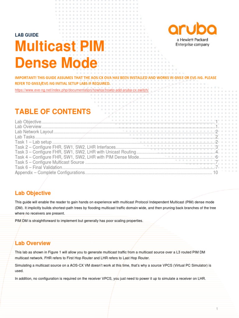 AOS-CX Simulator Lab - Multicast PIM Dense Mode Lab Guide | PDF | Ip Address | Networking Standards