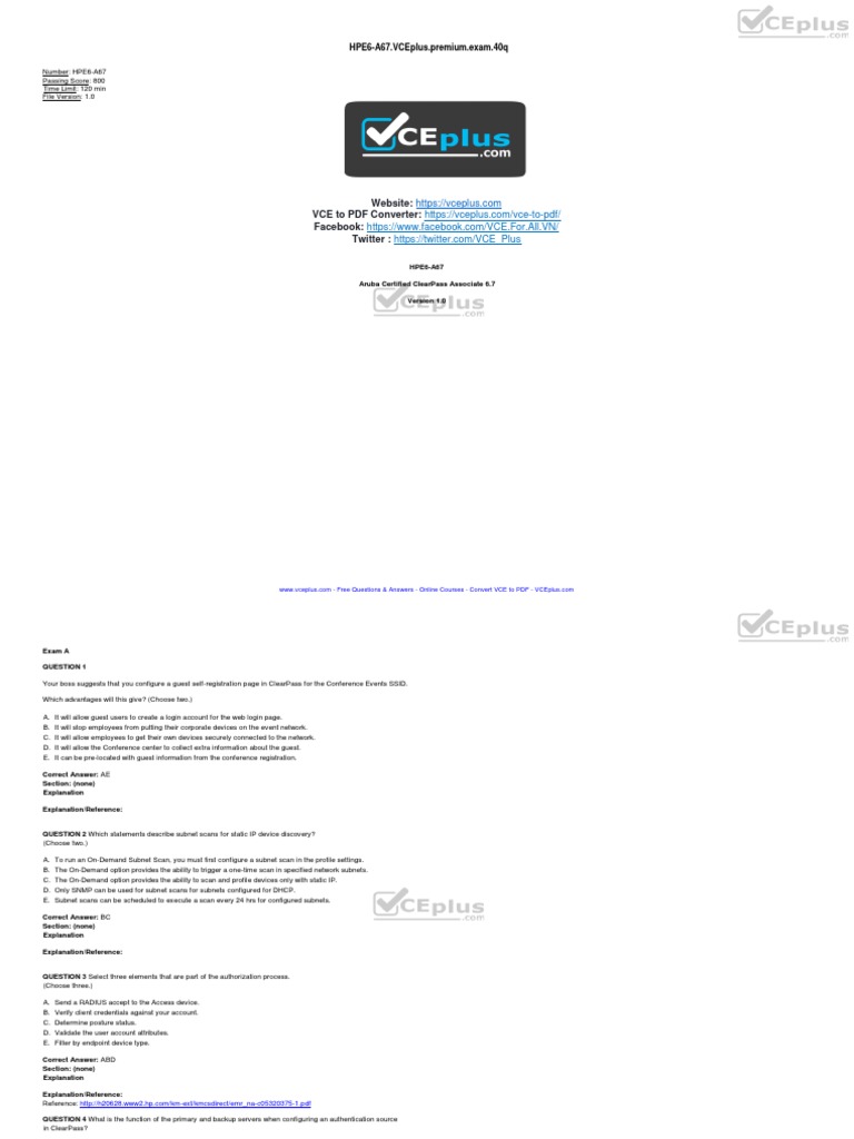 HPE6-A67 Exam Guide: ClearPass Essentials | PDF | Radius | World Wide Web