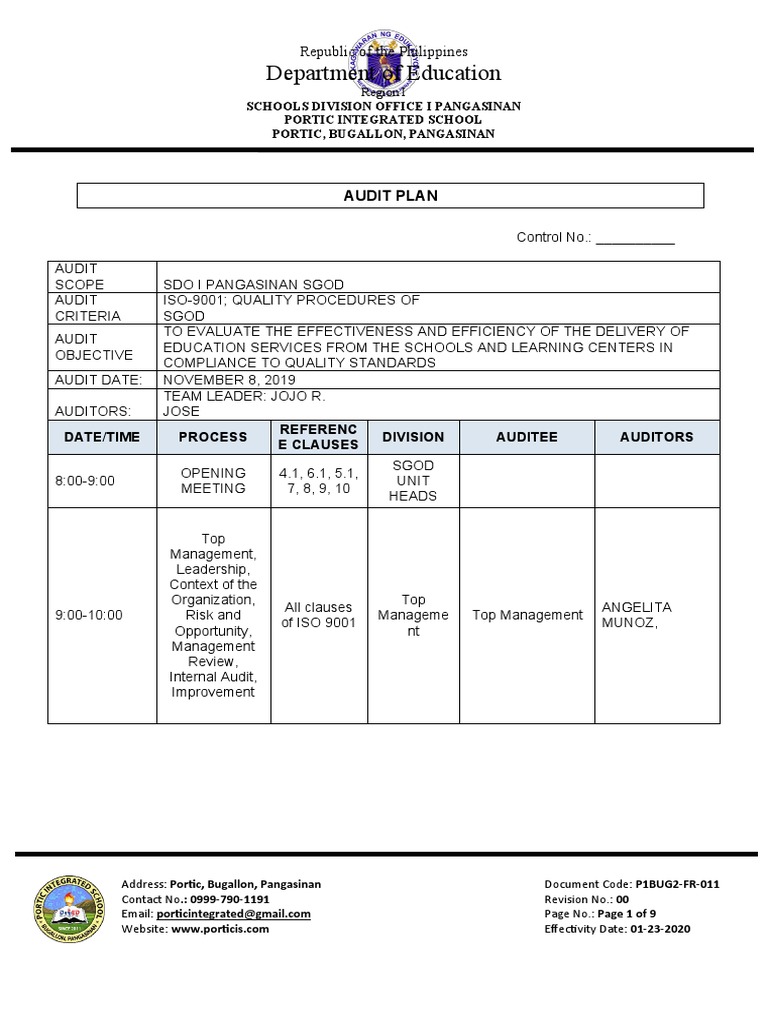 011 - Audit Plan | PDF | Audit | Iso 9000