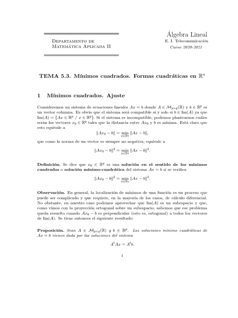 Tema5.3-Minimos Cuadrados y Formas Cuadraticas | PDF | Ecuaciones | Matriz (Matemáticas)