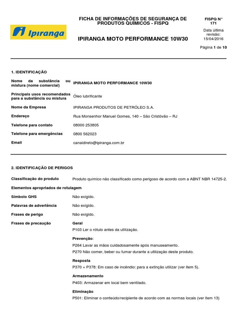 Ipiranga Moto Performance 10W30 - Rev 150416 | PDF | Água | Embalagem e ...