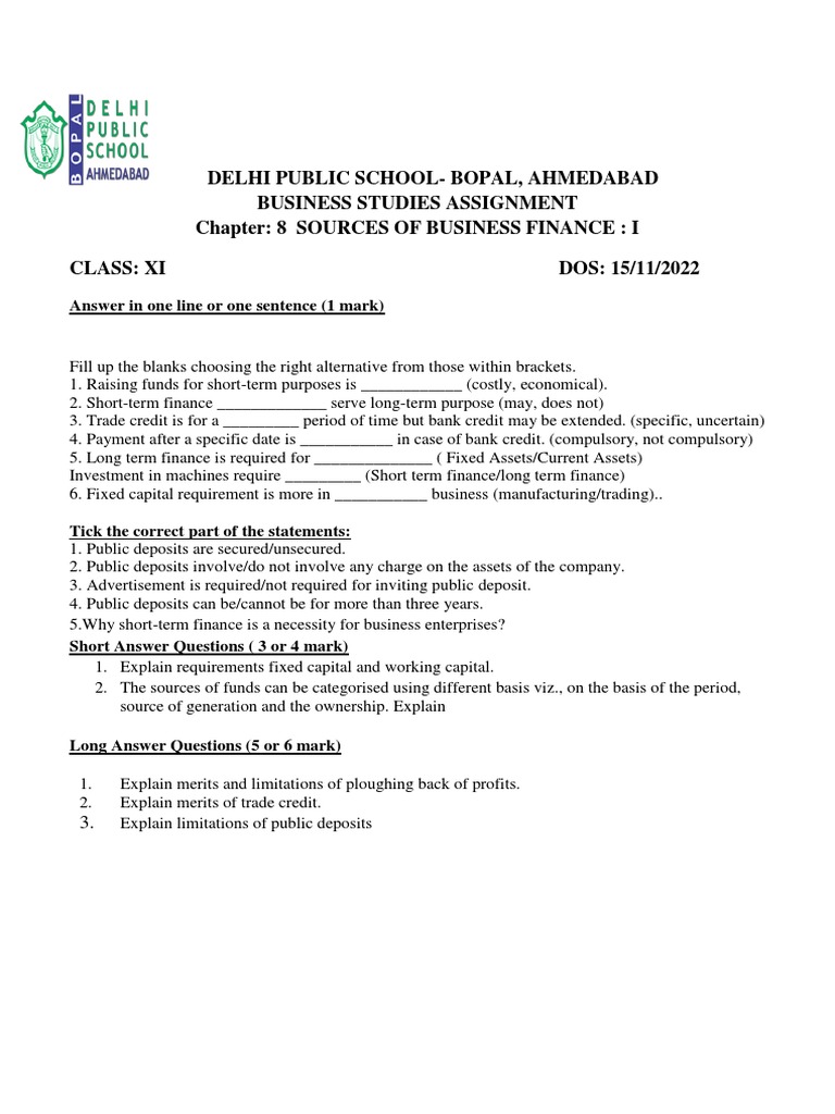 Chapter 8 Assignment Class XI Sources of Finance | PDF