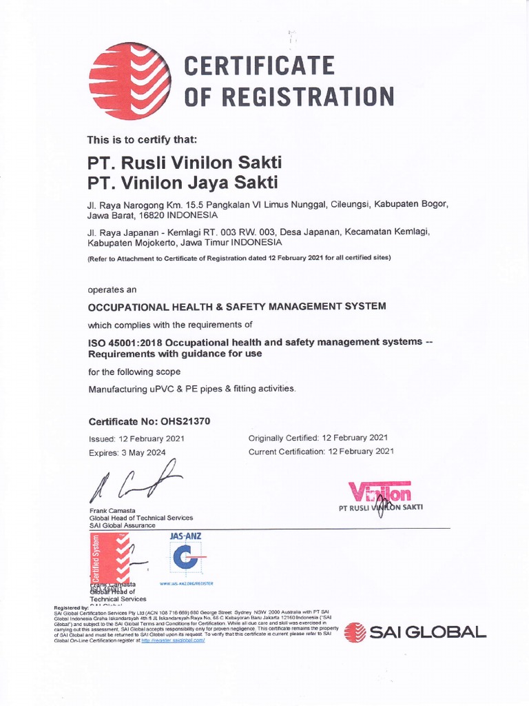 ISO 45001.2018 RVS & VJS (Exp. 3 May 2024) - CAP | PDF | Safety