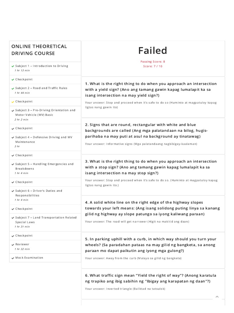 Failed: Online Theoretical Driving Course | PDF | Traffic ...