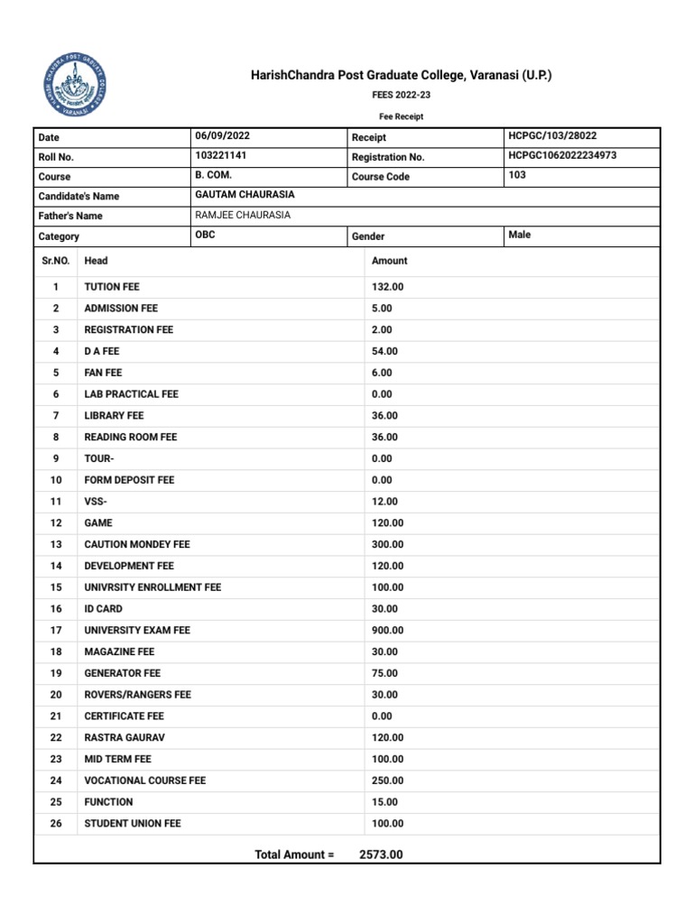 Fees Receipt HC PG | PDF | Educational Stages