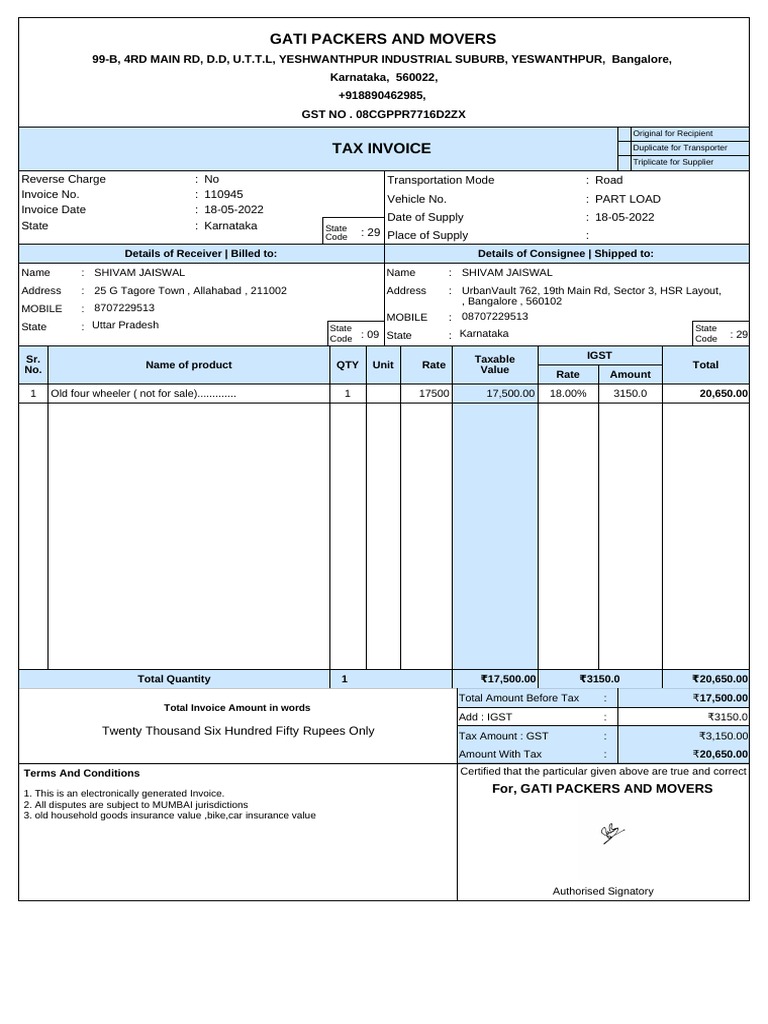 Invoice 110945 SHIVAM JAISWAL | PDF | Invoice | Government