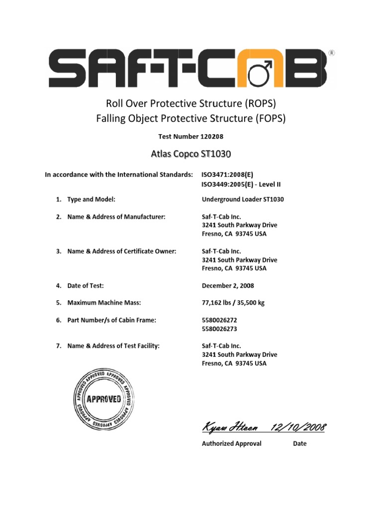 ROPS FOPS Test Certificate ST1030 | PDF