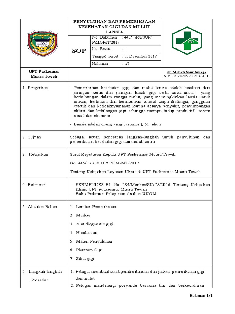 Sop Penyuluhan Dan Pemeriksaan Gigi Lansia | PDF