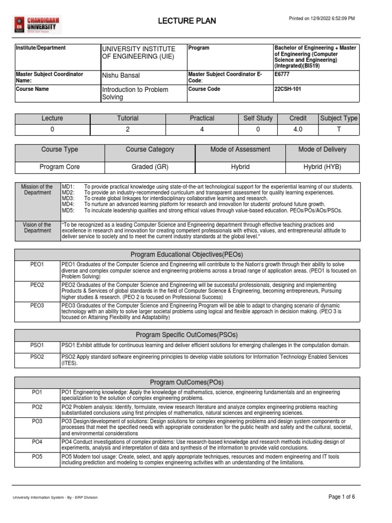 LecturePlan BI519 22CSH-101 | PDF | C (Programming Language) | Engineering
