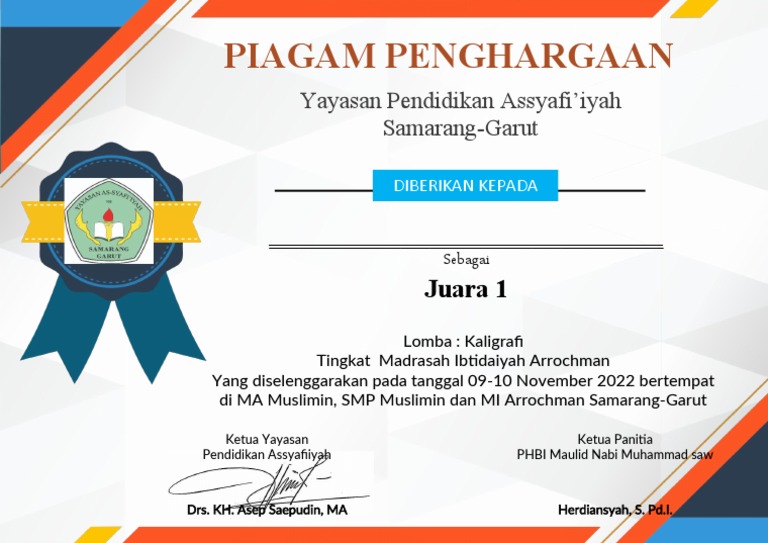 Piagam Juara 1 Lomba Kaligrafi | PDF