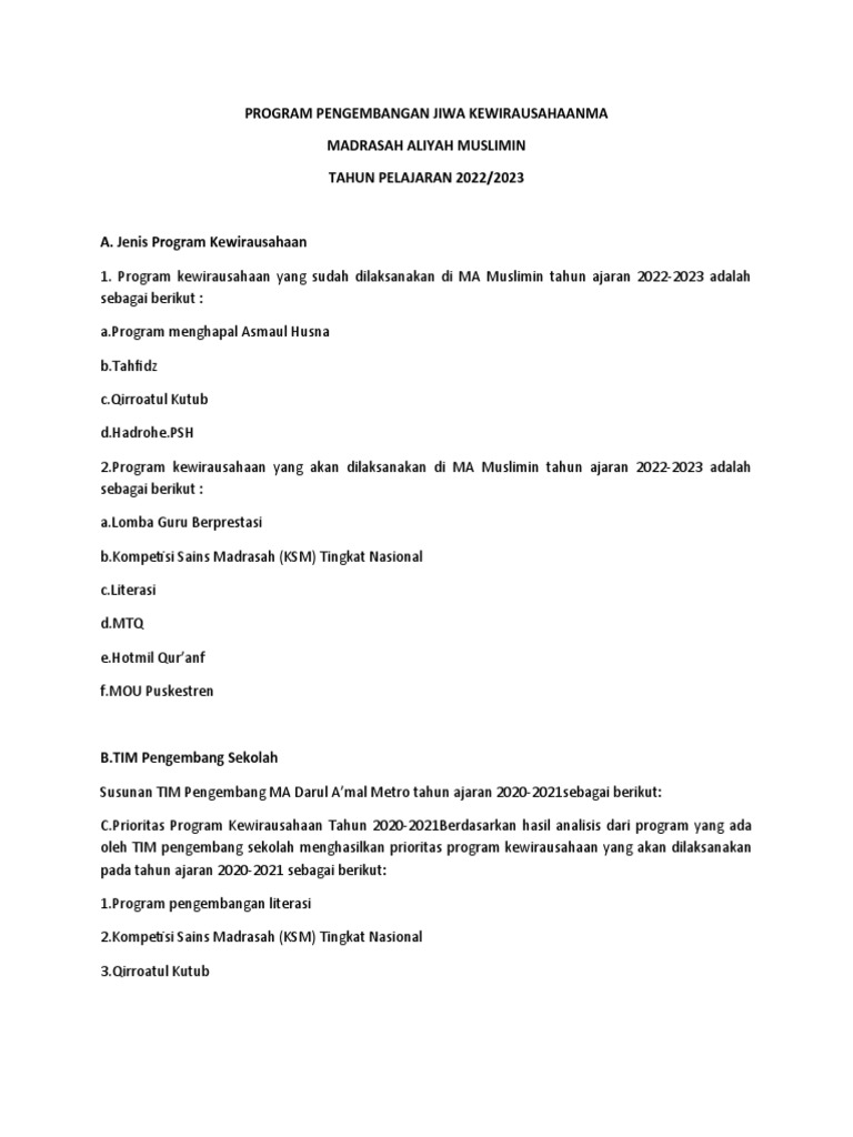 Program Kewirausahaan MA Muslimin 2022 | PDF