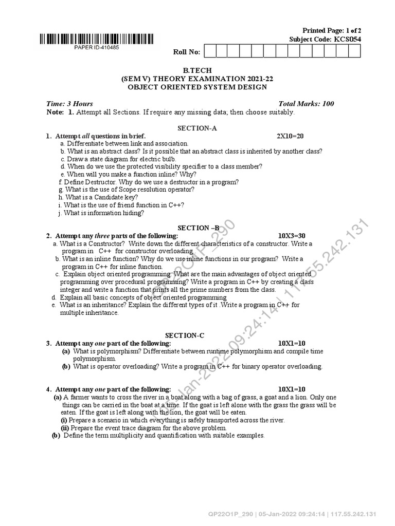 Object Oriented System Design Kcs 054 2 Pdf C Class Computer Programming