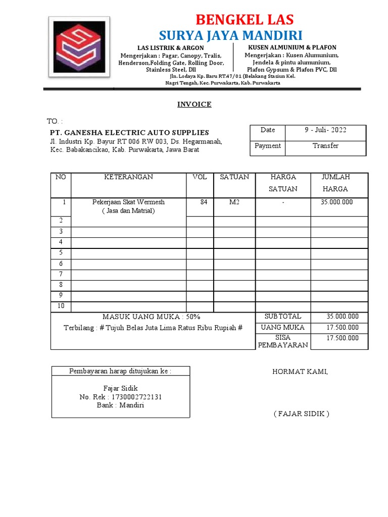 Invoice Bengkel Las Surya Jaya Mandiri | PDF