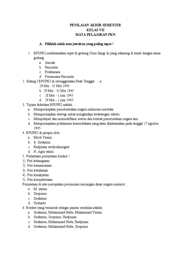 Soal PKN Kelas 7 Semester 1 | PDF