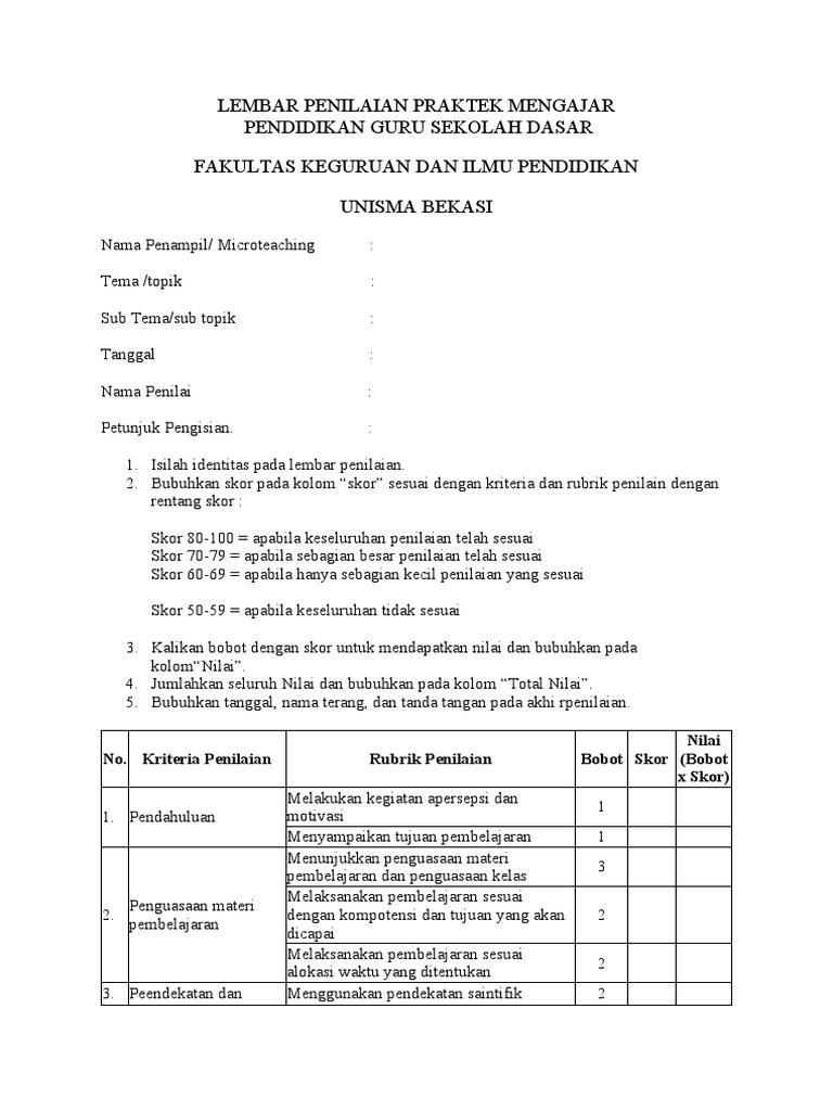 Format Penilaian Microteaching (PGSD) | PDF