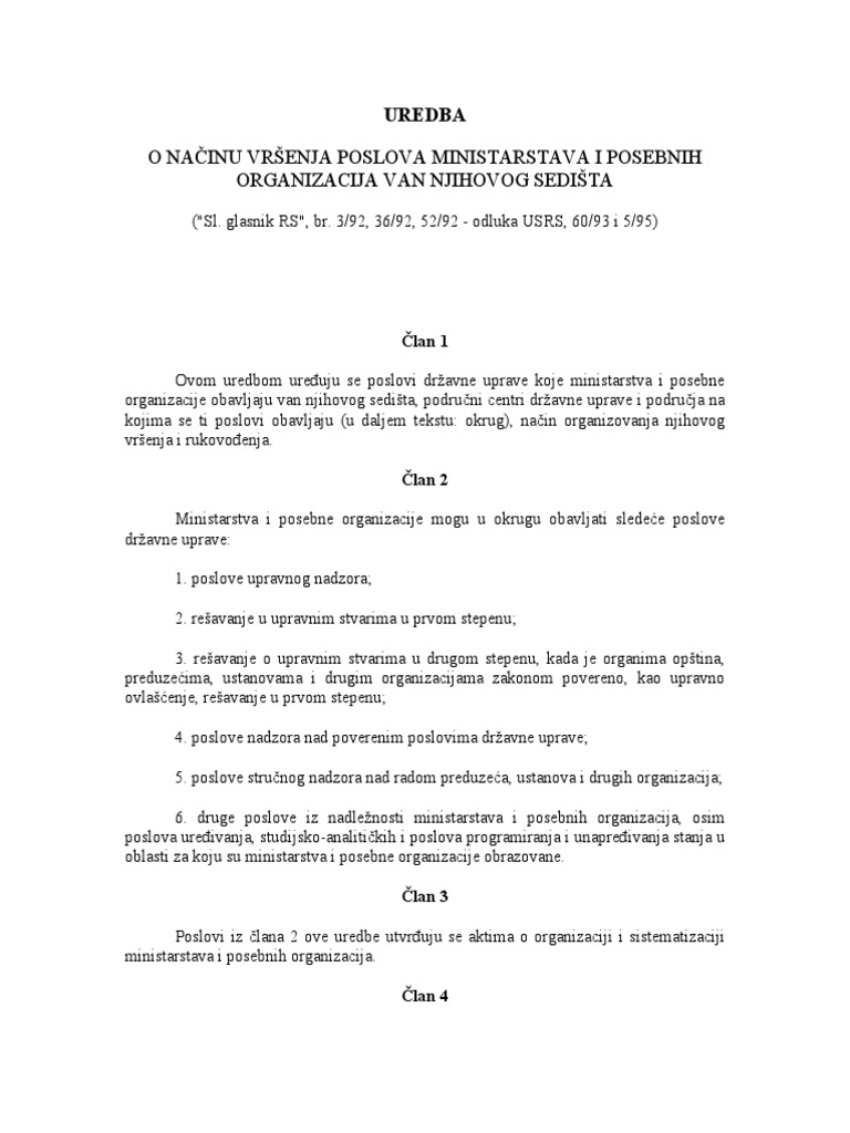 Uredba o Nacinu Vrsenja Poslova Ministarstva I Posebnih Organizacija Van Njihovih Sedista | PDF