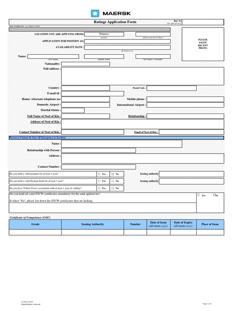 Maersk Application Form and Doc. Info Sheet | PDF